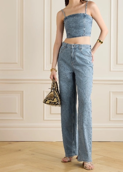 ROTATE BY BIRGER CHRISTENSEN Cropped Sequined Denim Top