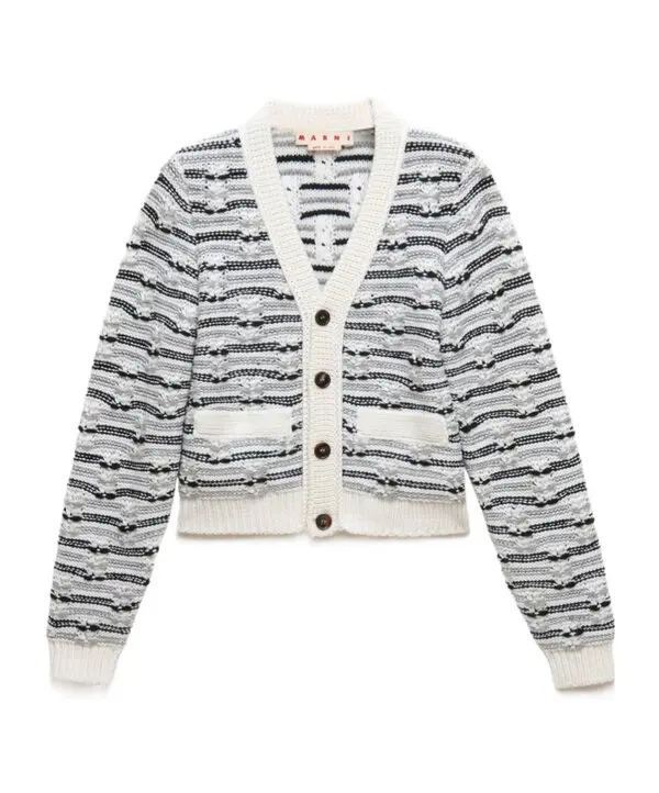 Marni White And Blue Mixed Stitch Wool Cardigan