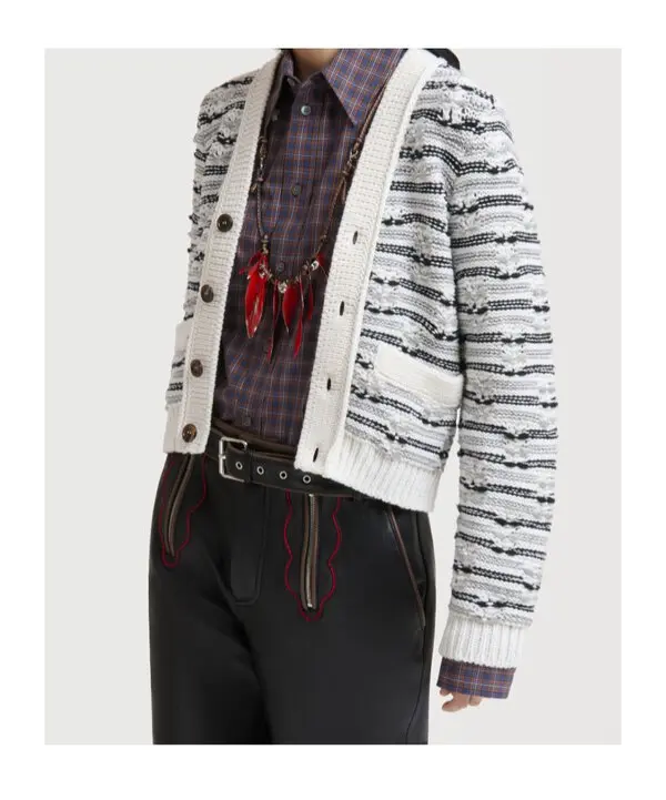 Marni White And Blue Mixed Stitch Wool Cardigan