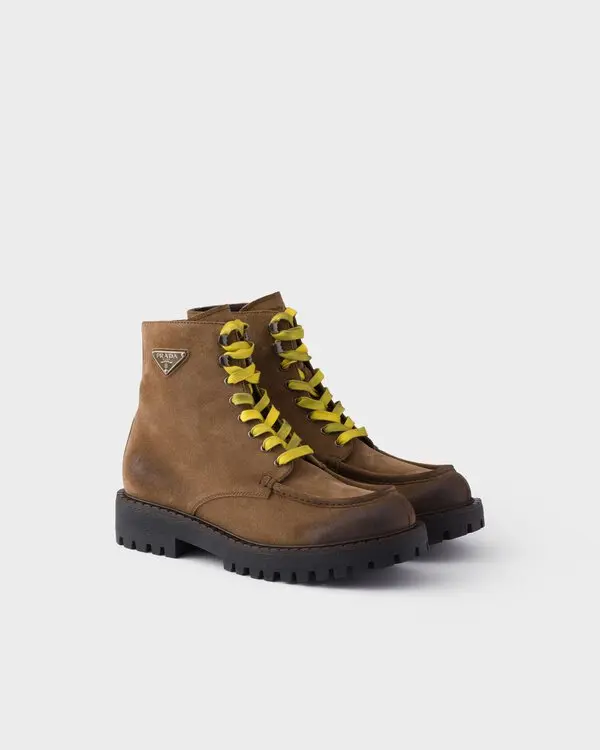 Prada Aged Suede Lace-up Ankle Boots