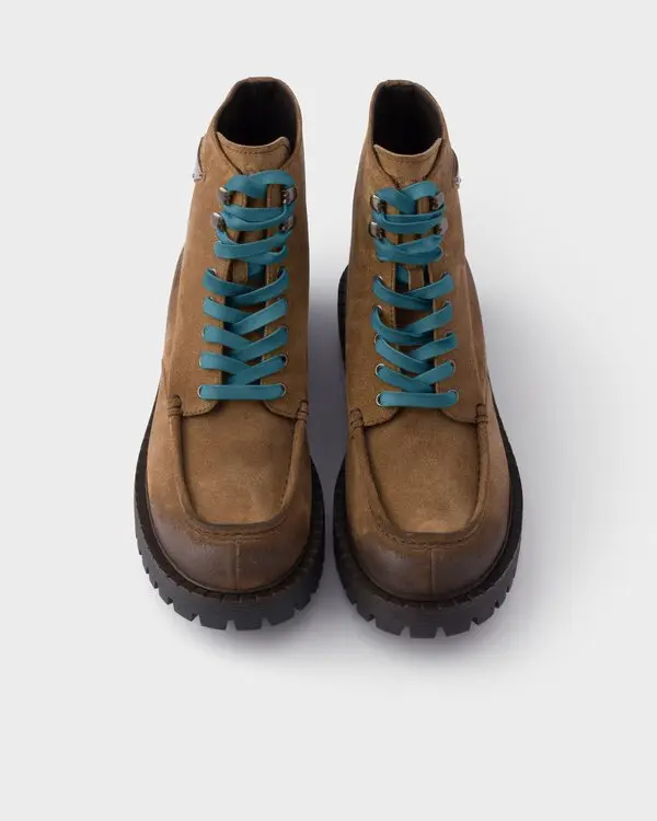 Prada Aged Suede Lace-up Ankle Boots