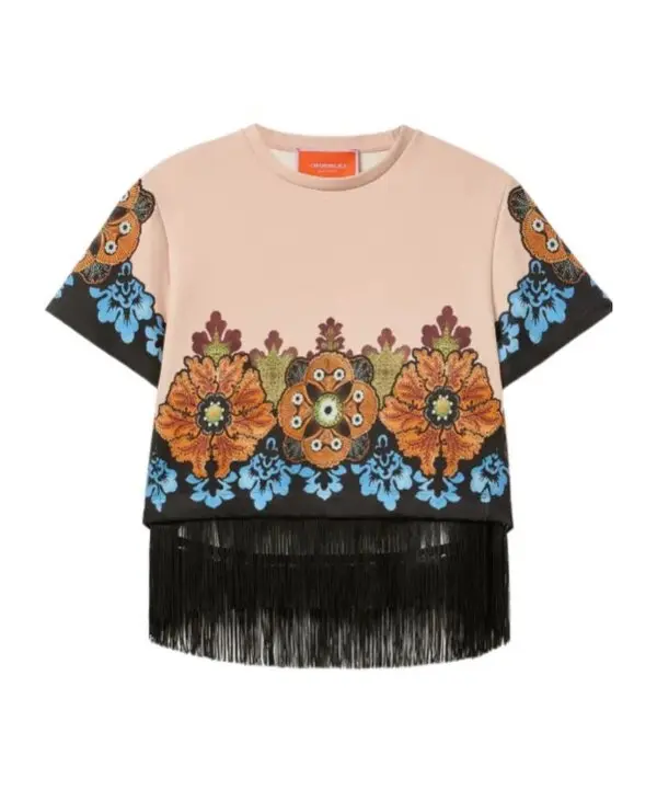 La DoubleJ Floral-print Fringe T-shirt - Nude