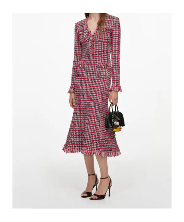 SELF-PORTRAIT Check Frayed Knit Midi Dress