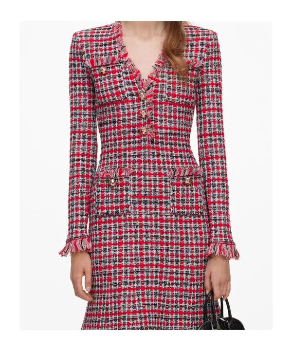 SELF-PORTRAIT Check Frayed Knit Midi Dress