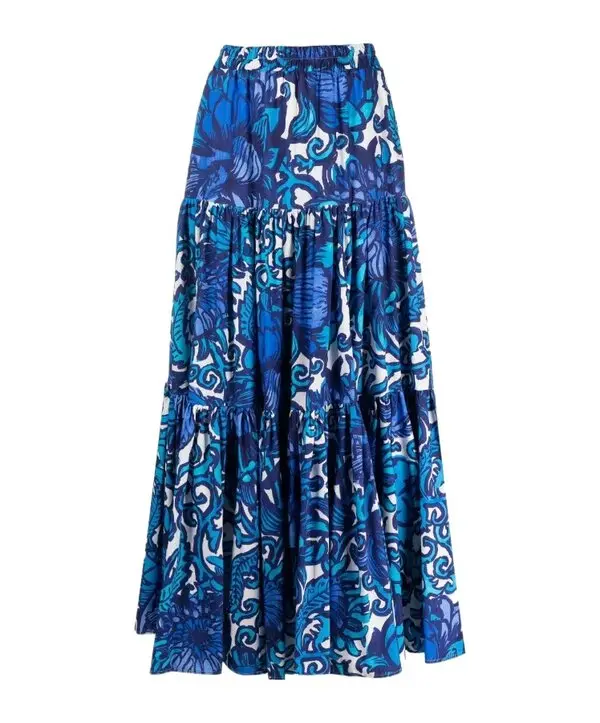 La DoubleJ Graphic-print Tiered Cotton Skirt - Blue