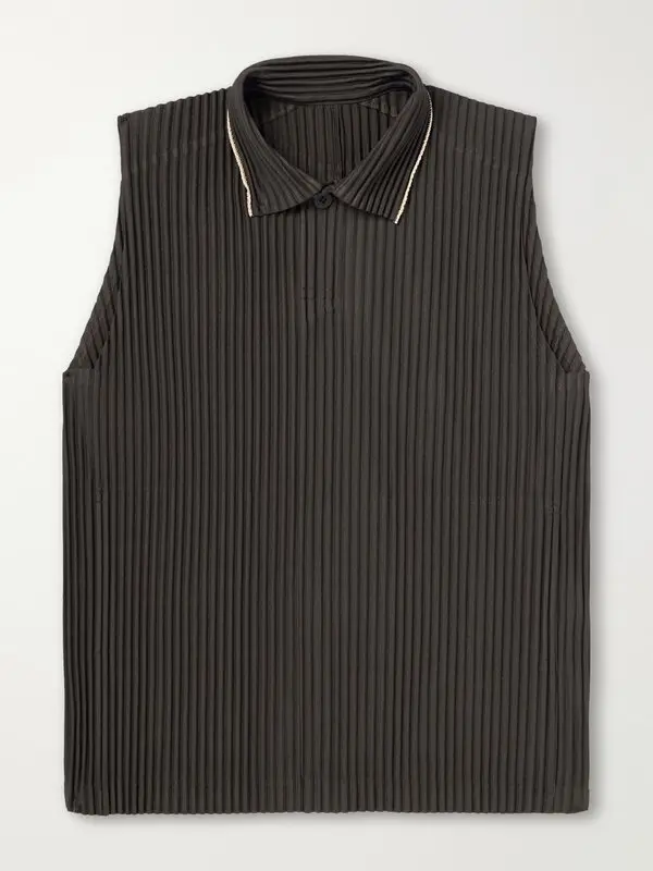 Issey Miyake Embroidered Pleated Polo Shirt - Green