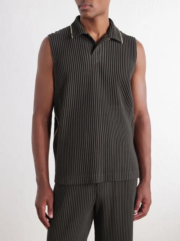 Issey Miyake Embroidered Pleated Polo Shirt - Green