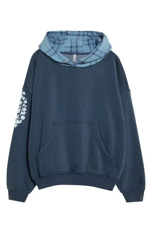 Free People Plaid Hood Pullover Hoodie - Midnight Navy Combo