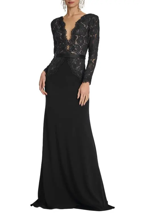 Tadashi Shoji Lace Long Sleeve Cotton Blend Gown