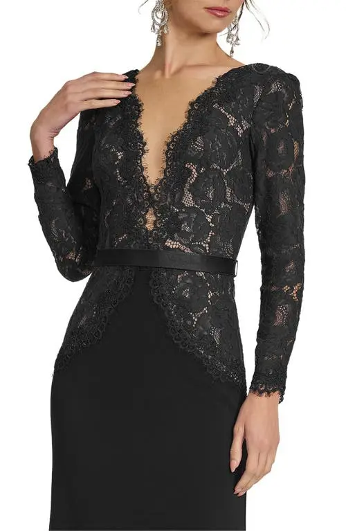 Tadashi Shoji Lace Long Sleeve Cotton Blend Gown