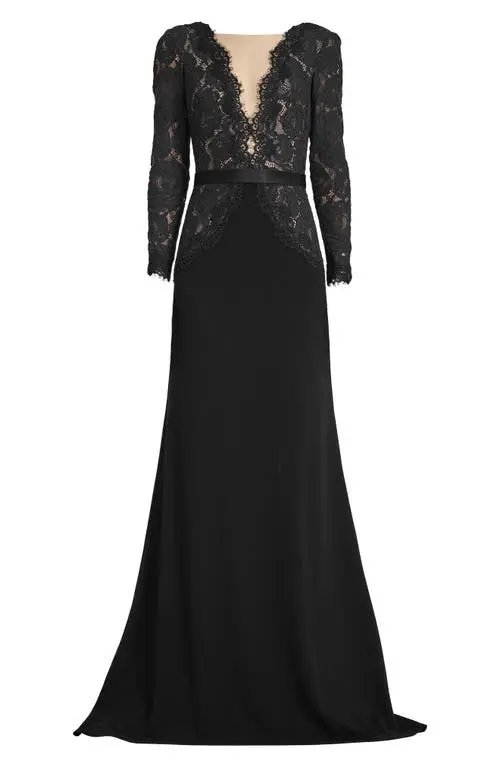 Tadashi Shoji Lace Long Sleeve Cotton Blend Gown