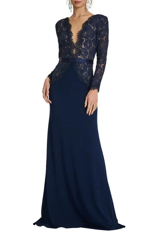 Tadashi Shoji Lace Long Sleeve Cotton Blend Gown
