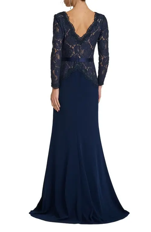 Tadashi Shoji Lace Long Sleeve Cotton Blend Gown