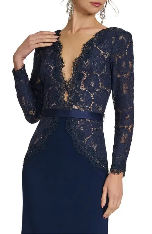 Tadashi Shoji Lace Long Sleeve Cotton Blend Gown