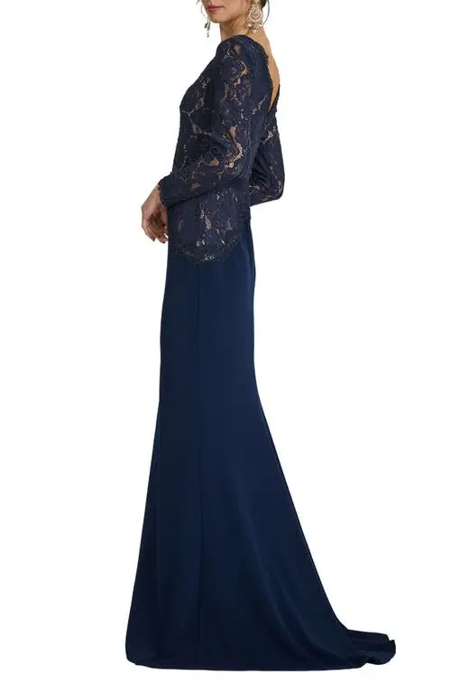 Tadashi Shoji Lace Long Sleeve Cotton Blend Gown