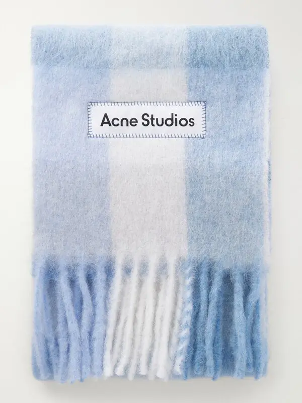 Acne Studios Fringed Checked Brushed-knit Scarf - Blue