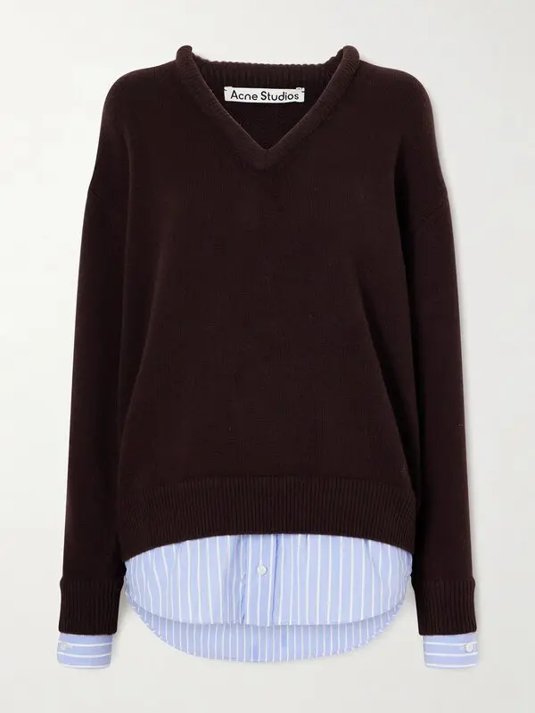 Acne Studios Layered Striped Poplin-trimmed Wool Sweater - Brown