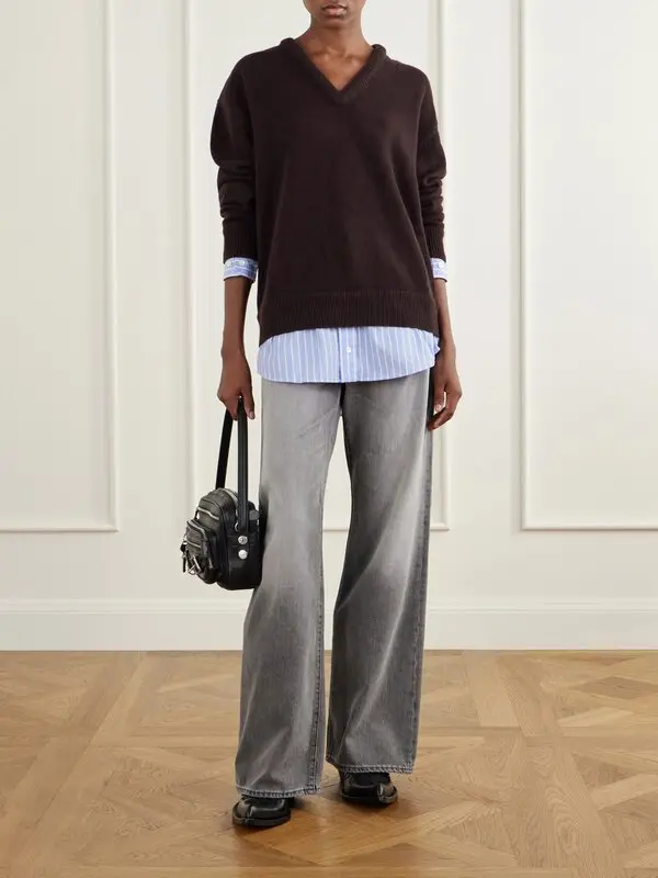 Acne Studios Layered Striped Poplin-trimmed Wool Sweater - Brown