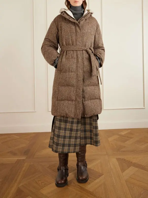 Brunello Cucinelli Hooded Belted Padded Quilted Shearling-trimmed Wool-blend Down Jacket