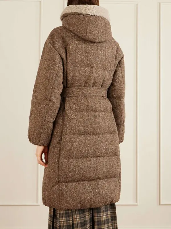 Brunello Cucinelli Hooded Belted Padded Quilted Shearling-trimmed Wool-blend Down Jacket