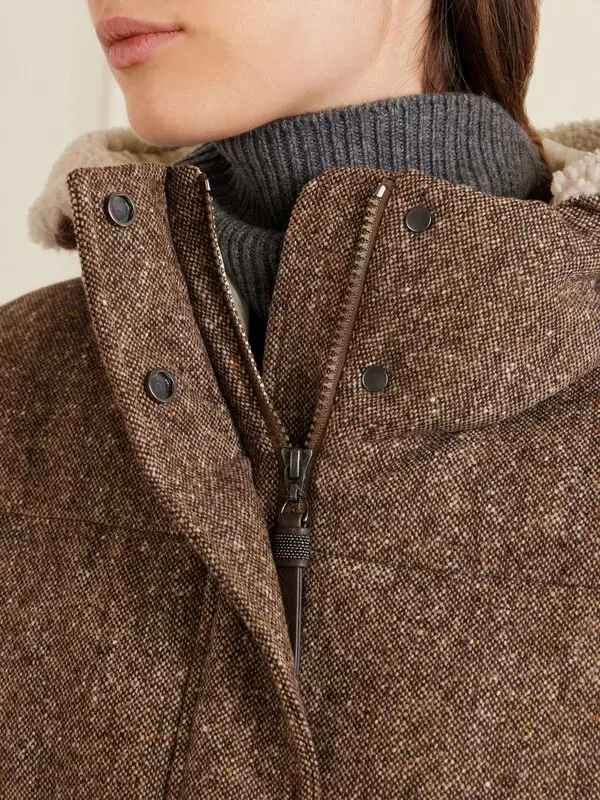 Brunello Cucinelli Hooded Belted Padded Quilted Shearling-trimmed Wool-blend Down Jacket