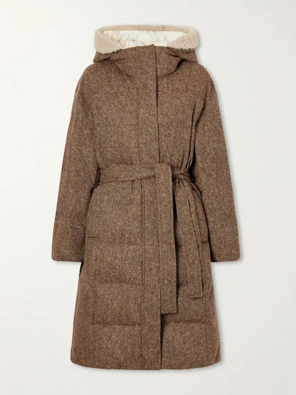 Brunello Cucinelli Hooded Belted Padded Quilted Shearling-trimmed Wool-blend Down Jacket - Brown
