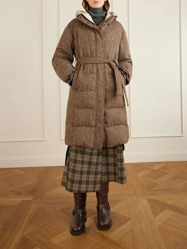 Brunello Cucinelli Hooded Belted Padded Quilted Shearling-trimmed Wool-blend Down Jacket