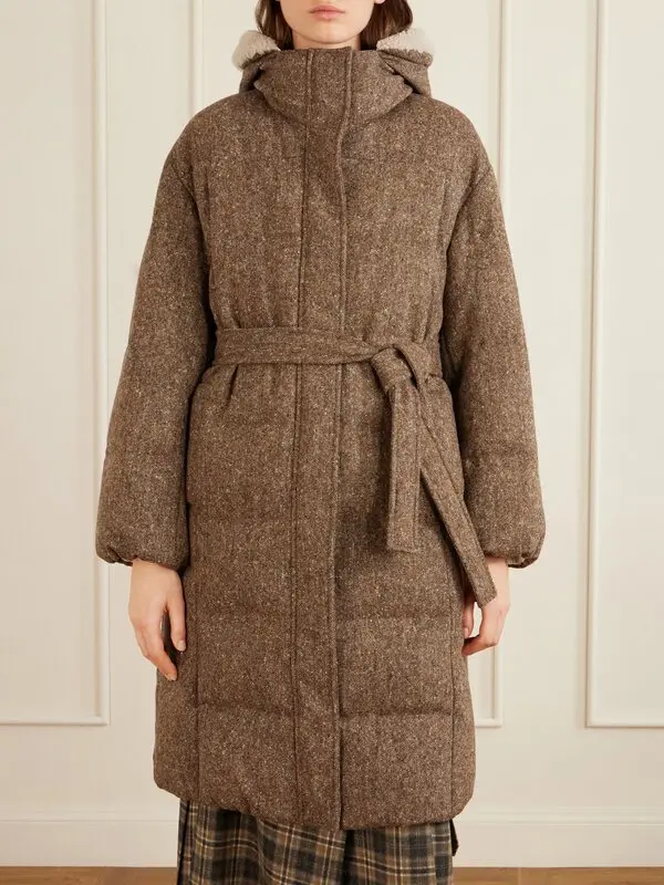 Brunello Cucinelli Hooded Belted Padded Quilted Shearling-trimmed Wool-blend Down Jacket