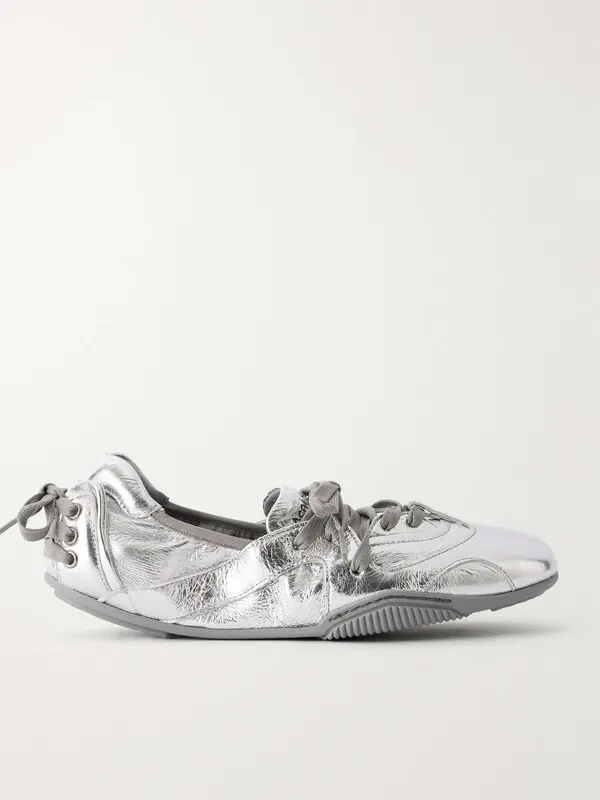 Acne Studios Lace-up Suede And Leather Ballet Flats - Silver