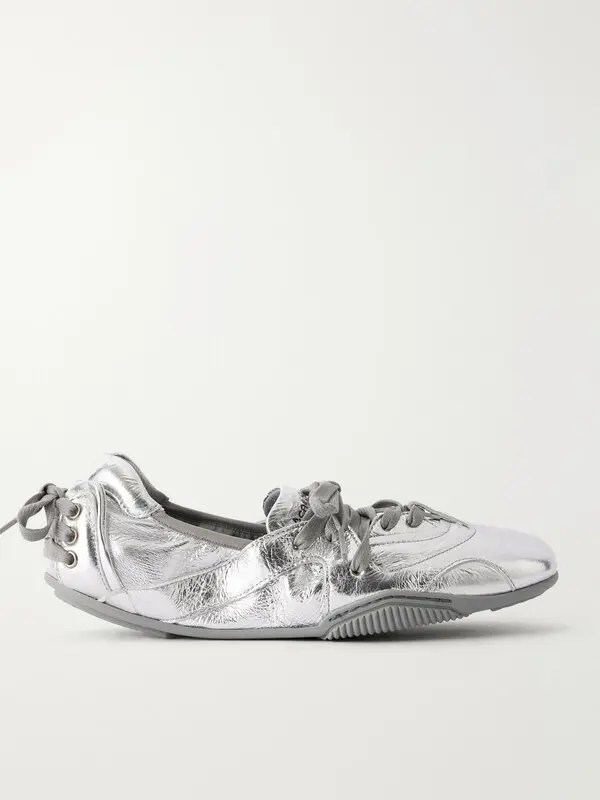 Acne Studios Lace-up Suede And Leather Ballet Flats - Silver