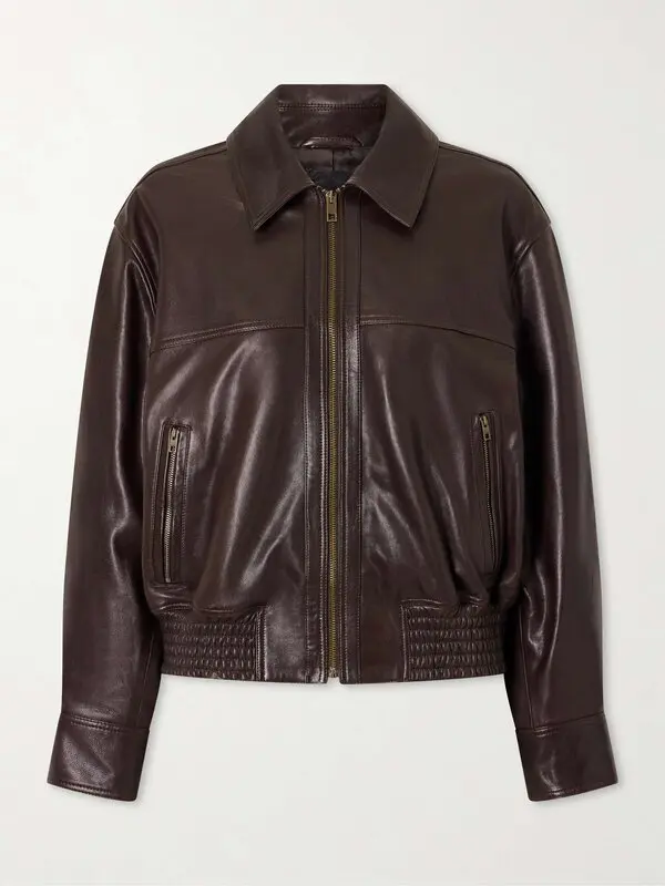 NILI LOTAN Aime Leather Bomber Jacket - Brown