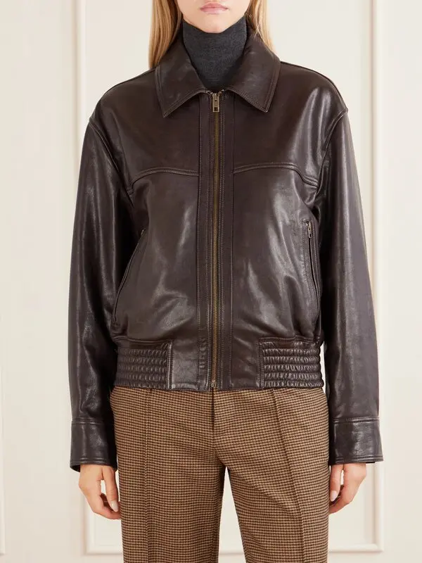 NILI LOTAN Aime Leather Bomber Jacket - Brown