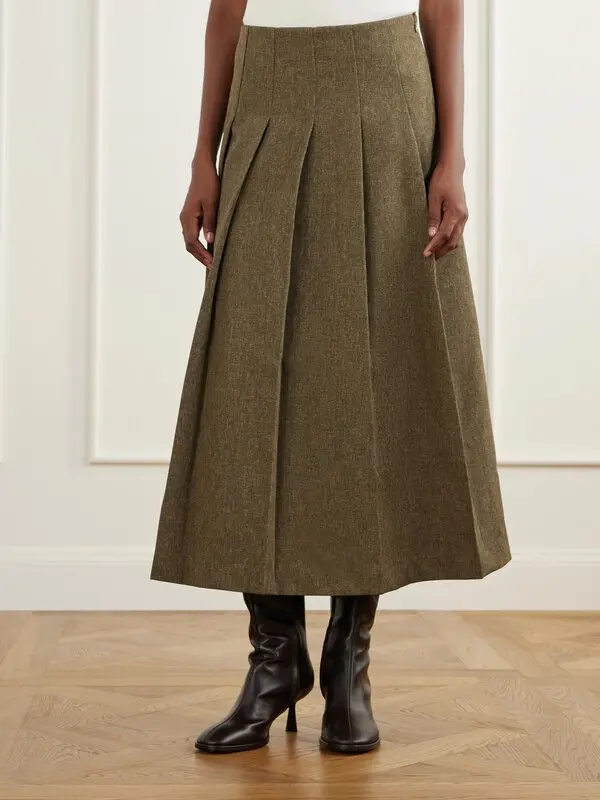RÓHE Pleated Grain De Poudre Midi Skirt - Green