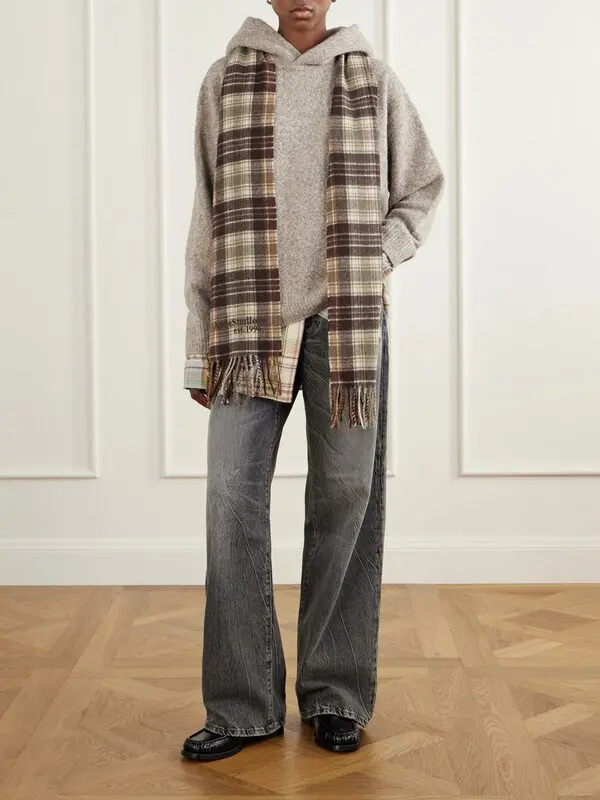 Acne Studios Logo-embroidered Fringed Checked Cashmere And Wool-blend Scarf - Green