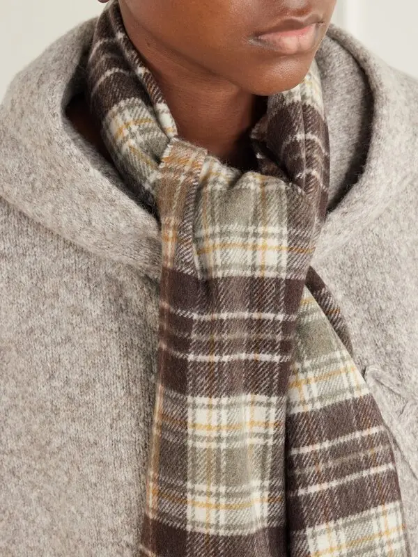 Acne Studios Logo-embroidered Fringed Checked Cashmere And Wool-blend Scarf - Green