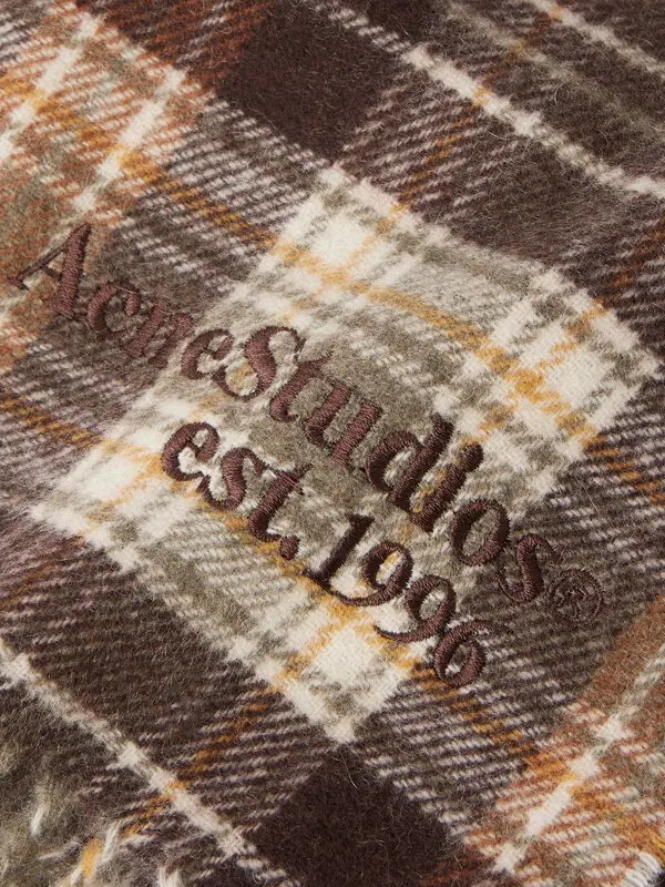 Acne Studios Logo-embroidered Fringed Checked Cashmere And Wool-blend Scarf - Green