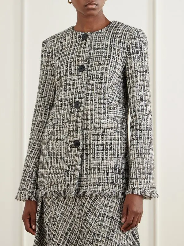 Proenza Schouler White Label Aurelia Fringed Checked Tweed Jacket - Gray