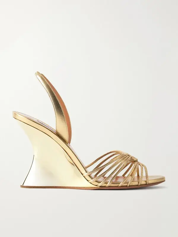 AQUAZZURA Serenity 95 Metallic Leather Wedge Sandals - Gold