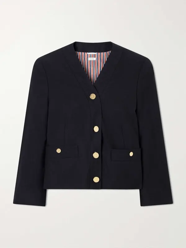 Thom Browne Cropped Virgin Wool-hopsack Jacket - Navy