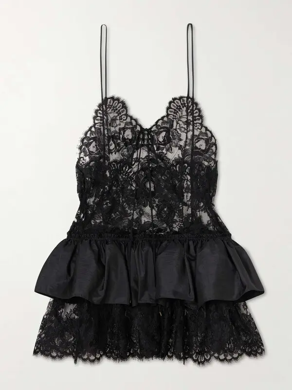 Chloé Ruffled Lace-trimmed Taffeta Cami - Black