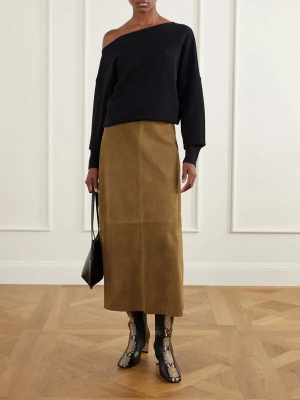JOSEPH Helius Paneled Suede Midi Skirt - Brown
