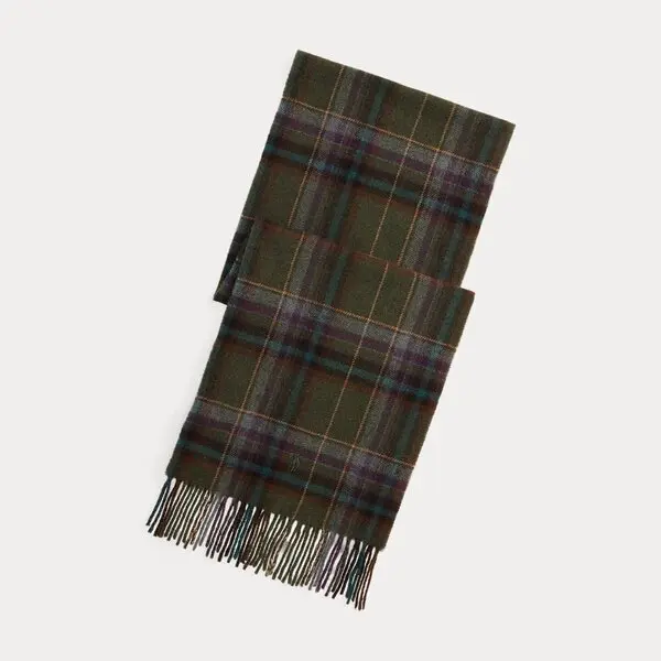 Ralph Lauren Plaid Fringe Wool Scarf - Olive