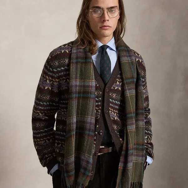 Ralph Lauren Plaid Fringe Wool Scarf - Olive