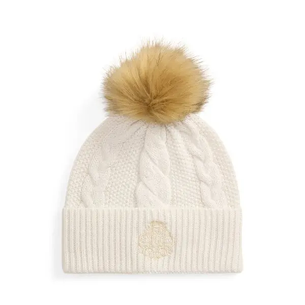 Ralph Lauren Embroidered-crest Pom-pom Cable Beanie - Cream