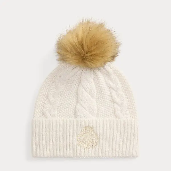Ralph Lauren Embroidered-crest Pom-pom Cable Beanie - Cream