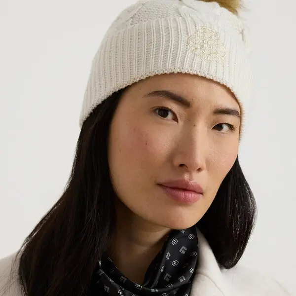 Ralph Lauren Embroidered-crest Pom-pom Cable Beanie - Cream