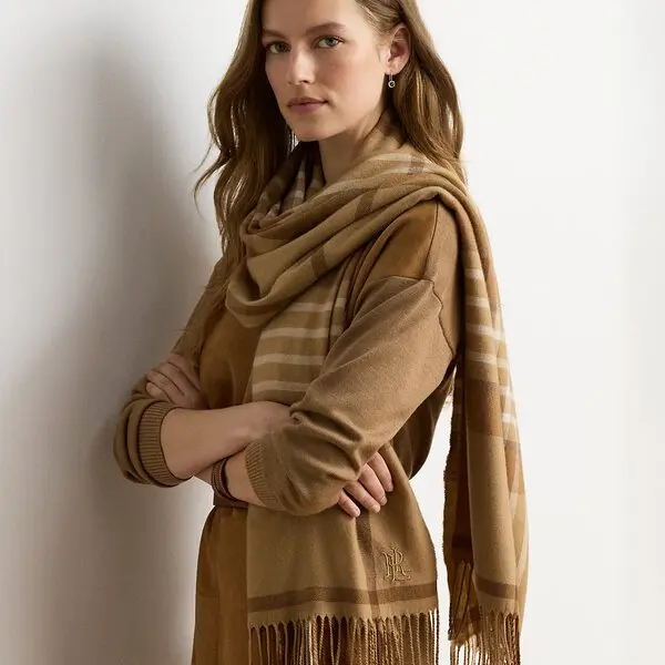Ralph Lauren Plaid Fringe-trim Scarf - Camel Multi