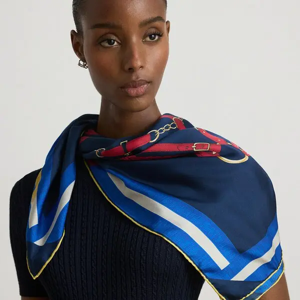 Ralph Lauren Belting-print Silk Square Scarf - Navy