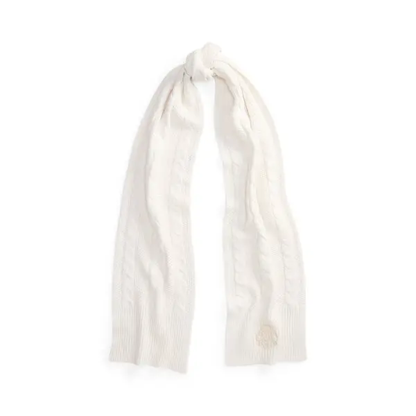 Ralph Lauren Embroidered-crest Cable-knit Scarf - Cream