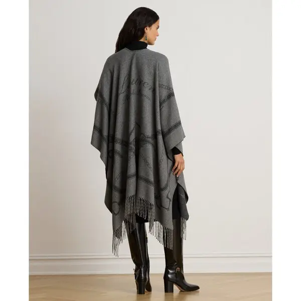 Ralph Lauren Belting-motif Jacquard Fringe-trim Ruana - Black/charcoal